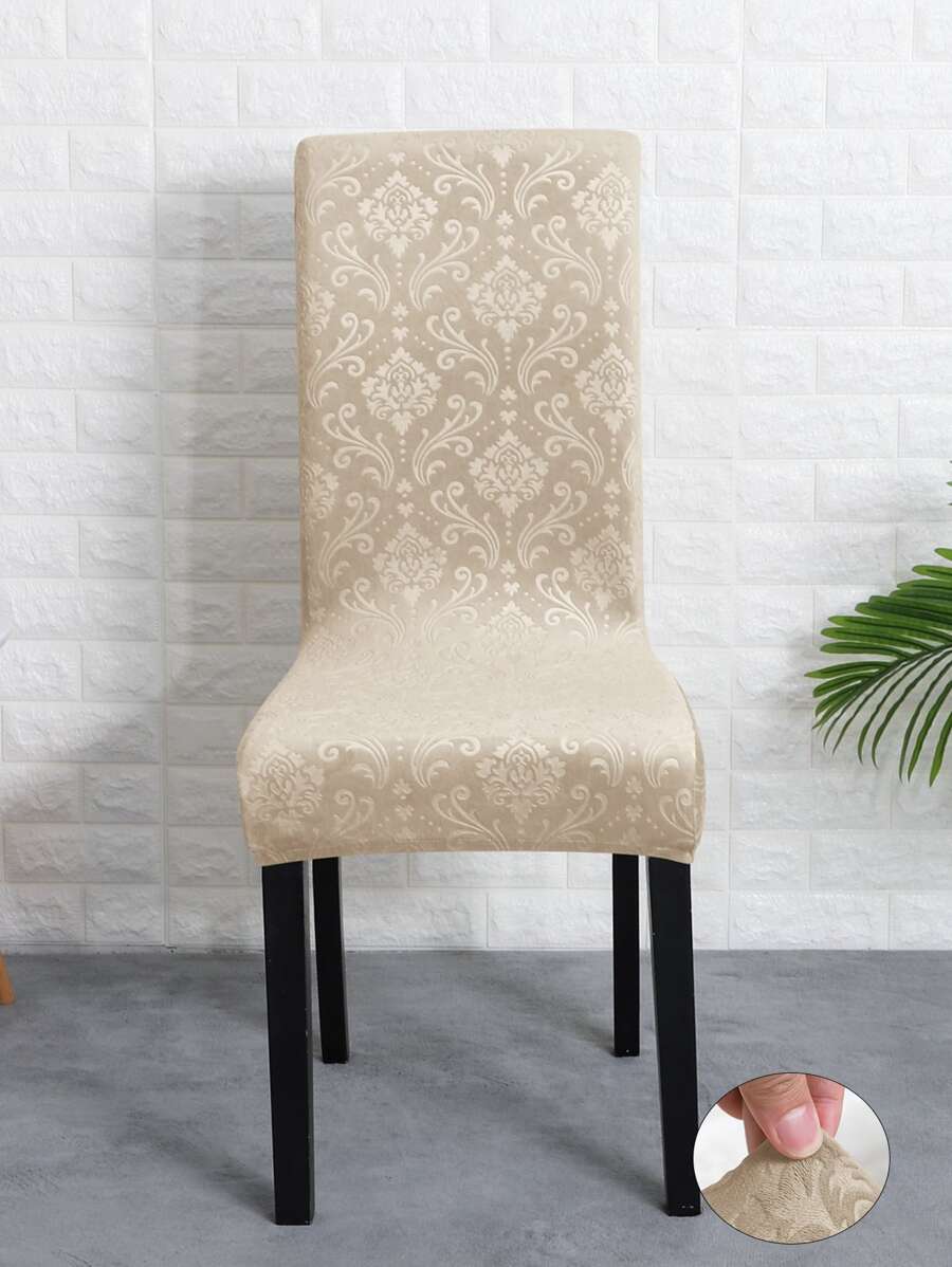 1pc Silver Fox Velvet Embossed Stretch Dining Chair Cover, Solid Color ...