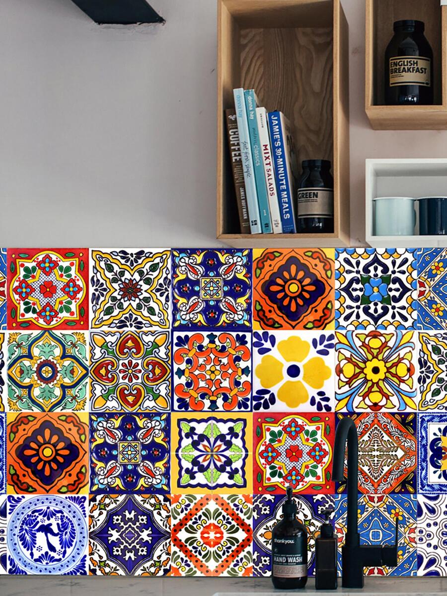 24pcs Vintage Colorful Flower Ceramic Tile Stickers, Self-adhesive ...