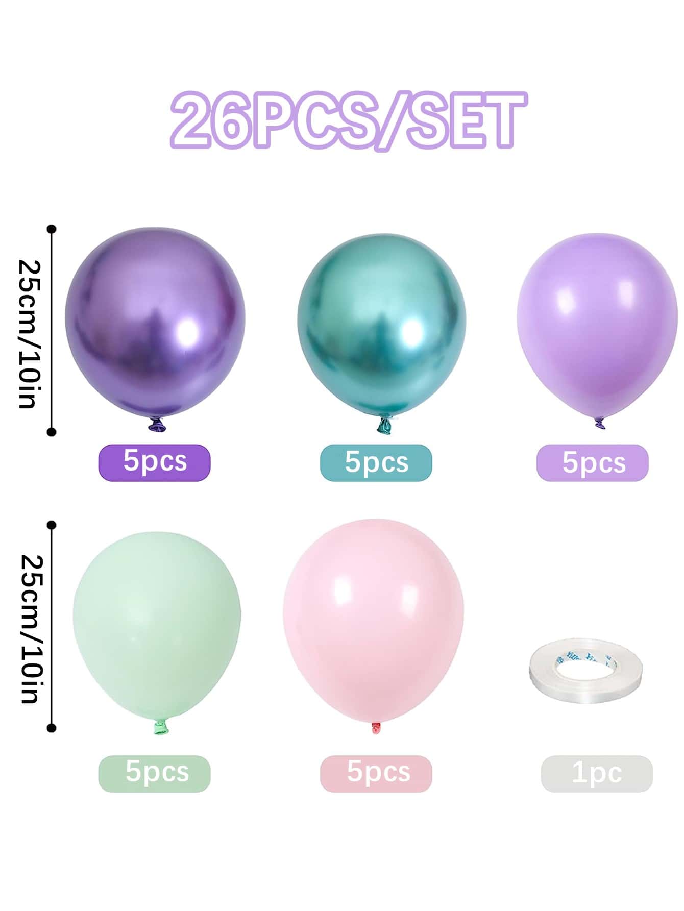 Mermaid Party Balloon Set 26Pcs 10Inches Metallic Purple Pink Green ...