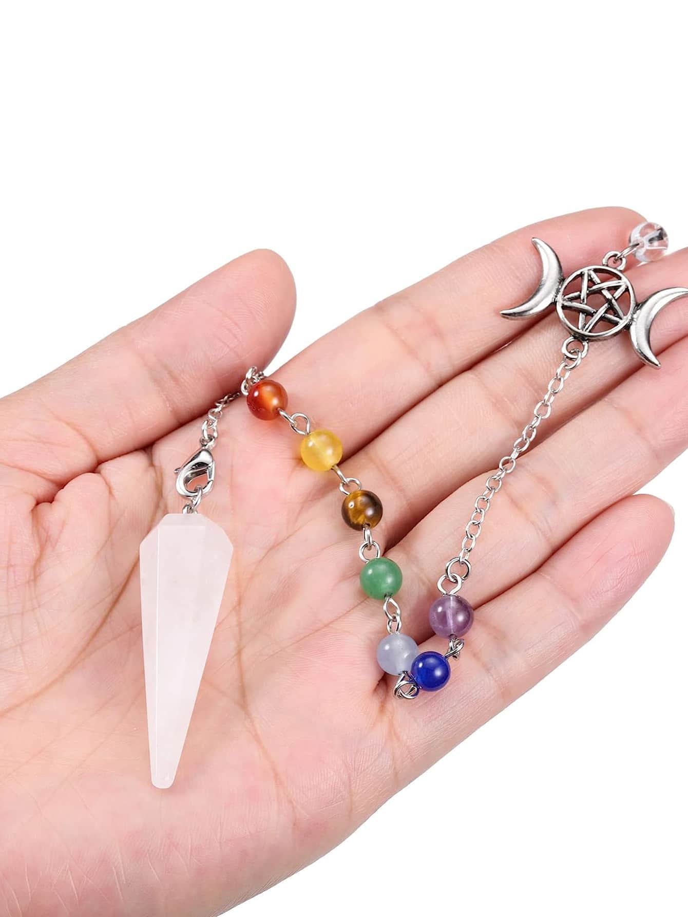 1pc Reiki Spiritual 6 Facet Hexagonal Point 7 Chakra Chain Natural Stone Clear Quartz Rock ...