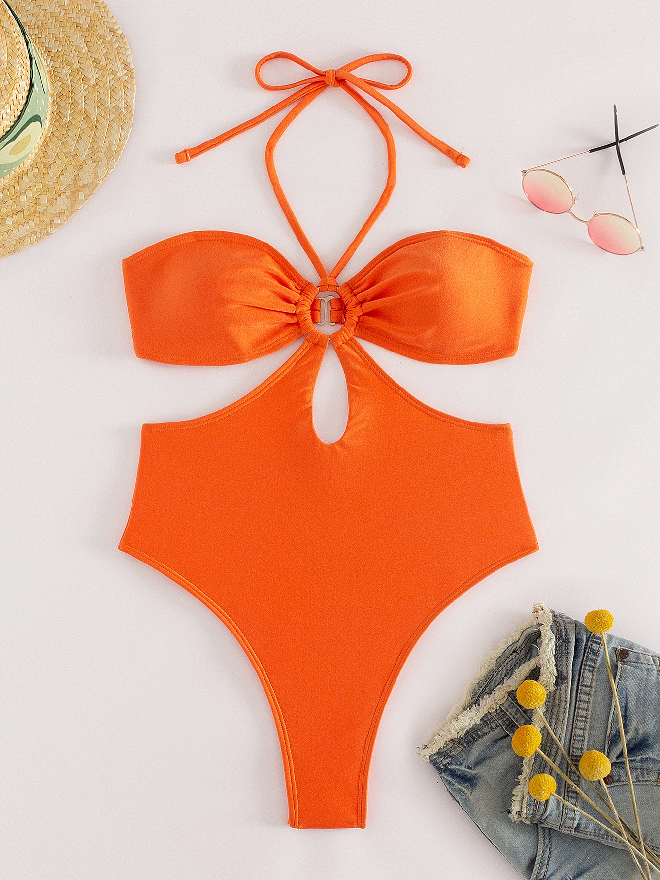 Women's Monokini Swimsuit, Solid Colour, Cut Out Design, Halter Neck ...
