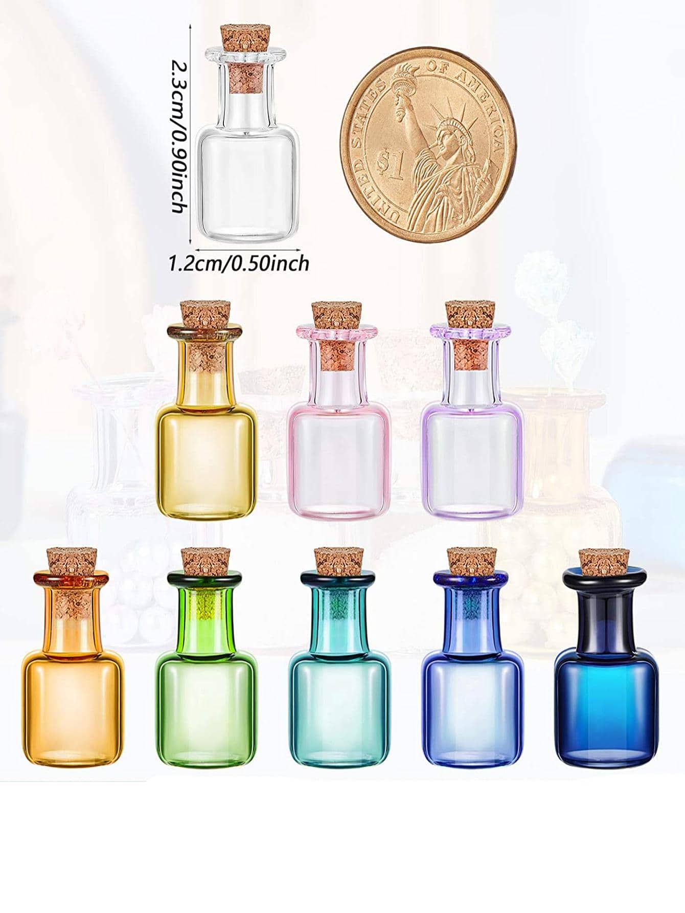 9 de colores Botellas con corcho diminuto deletrear Frascos de vidrio ...