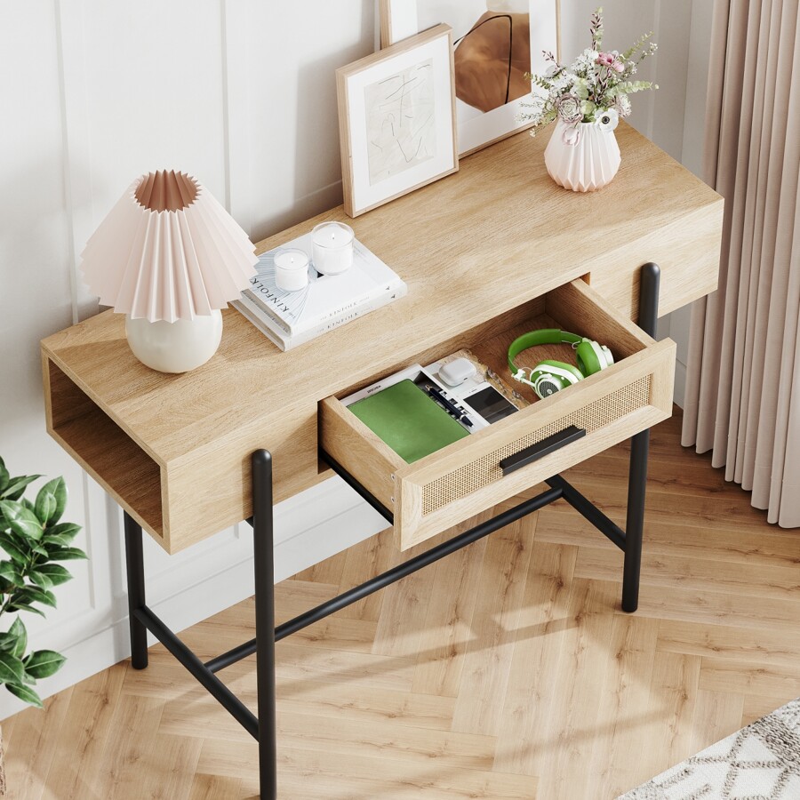Rattan Console Table With Drawer And Storage, Modern Narrow Long Sofa ...