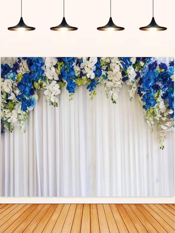 1pc Blue & White Flower Backdrop Cloth For Wedding, Birthday And Party ...