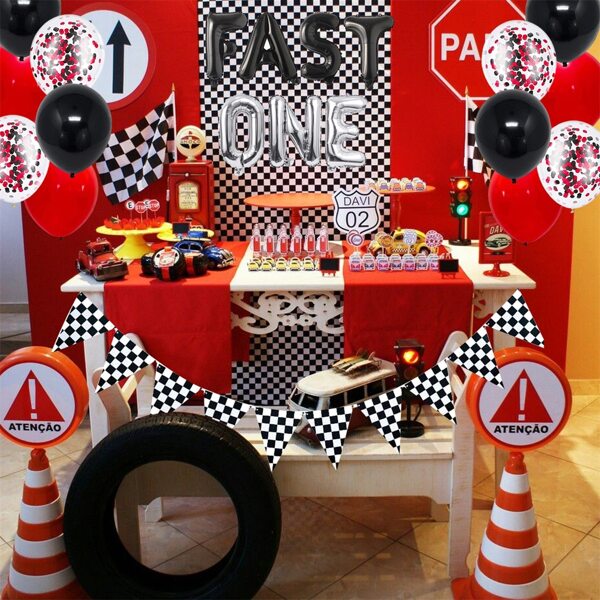 24PCS Fast One Racing Theme 1st Birthday Party Decorations Black and ...