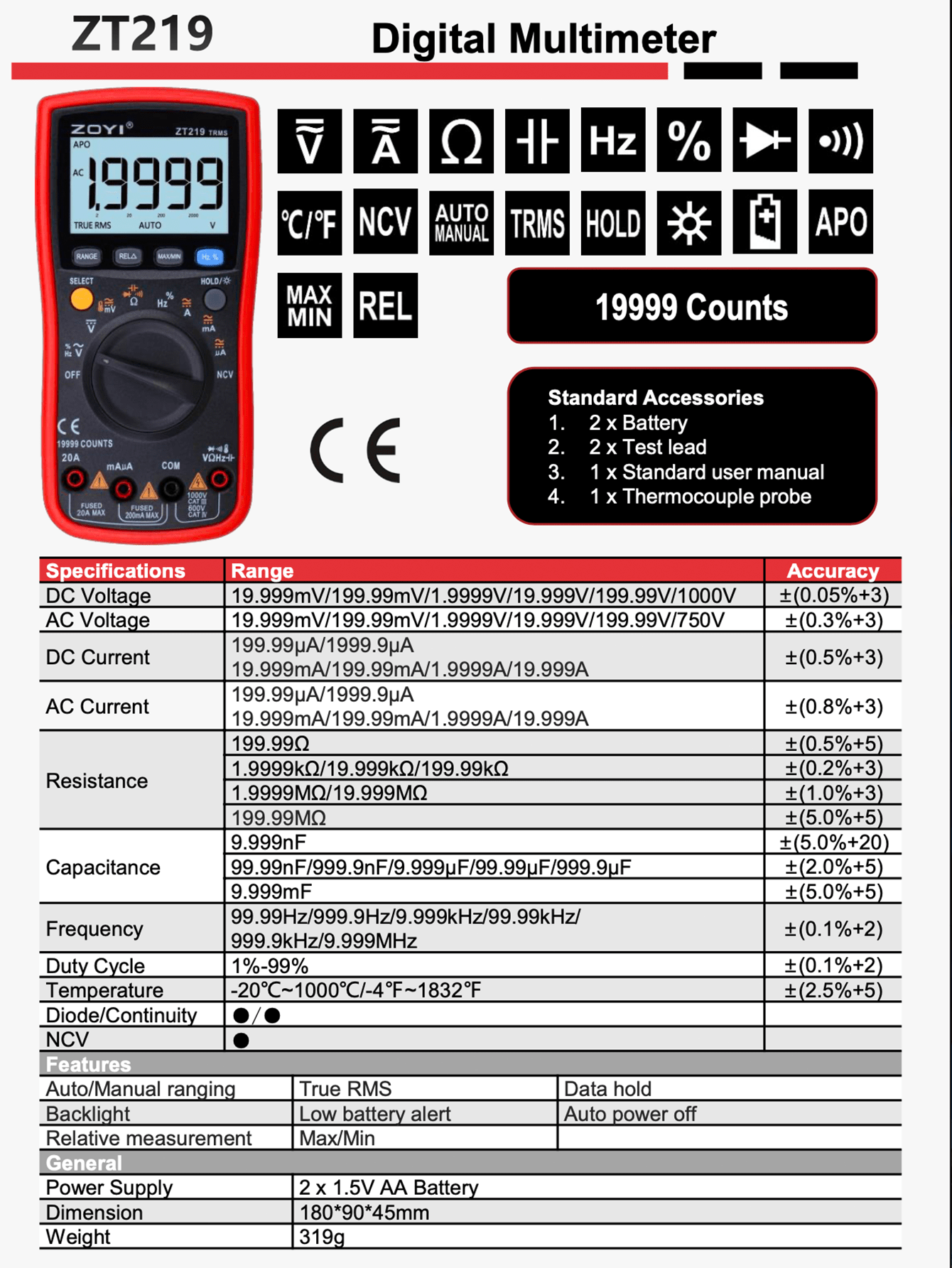 ZOYI 1pc High precision Digital Multimeter, Auto range, 19999 counts ...