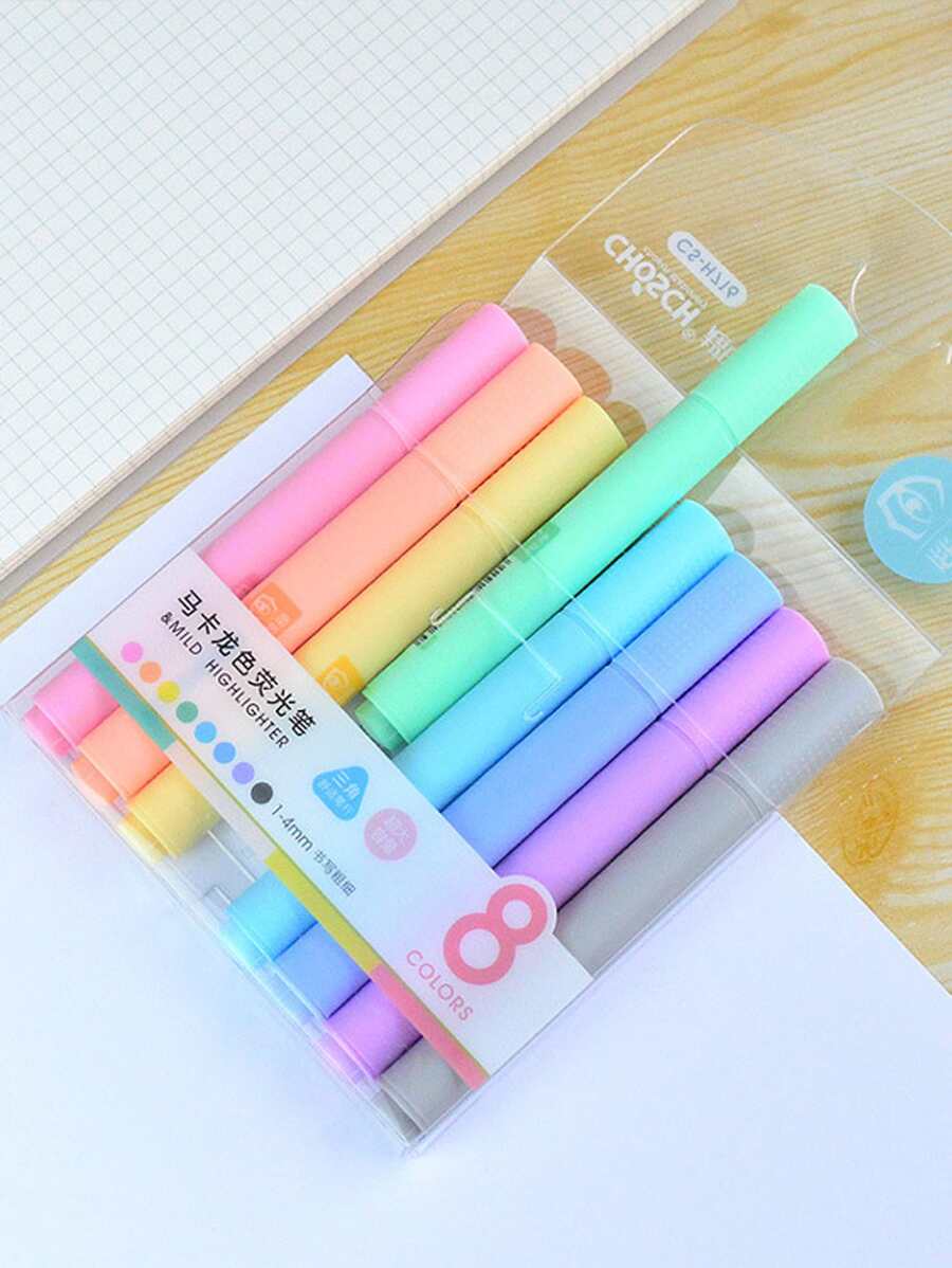 1box/8pcs Macaron Colored Fluorescent Highlighter With Slanted Head And ...