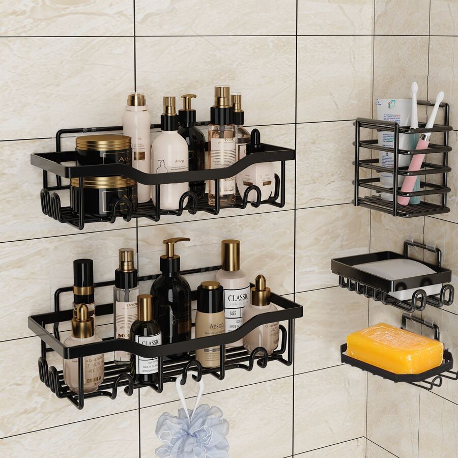 Shower Caddy, 5 Pack Adhesive Bathroom Shelves with Hooks, No Drilling ...