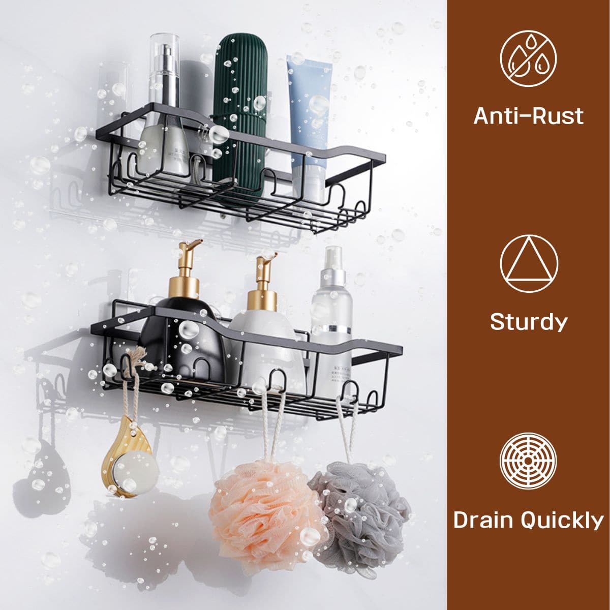 Shower Caddy, 5 Pack Adhesive Bathroom Shelves with Hooks, No Drilling ...