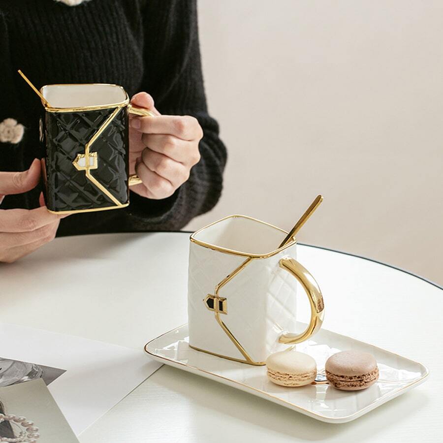1set Creative Embossed Gold Outlined Handbag Shaped Cup And Saucer ...