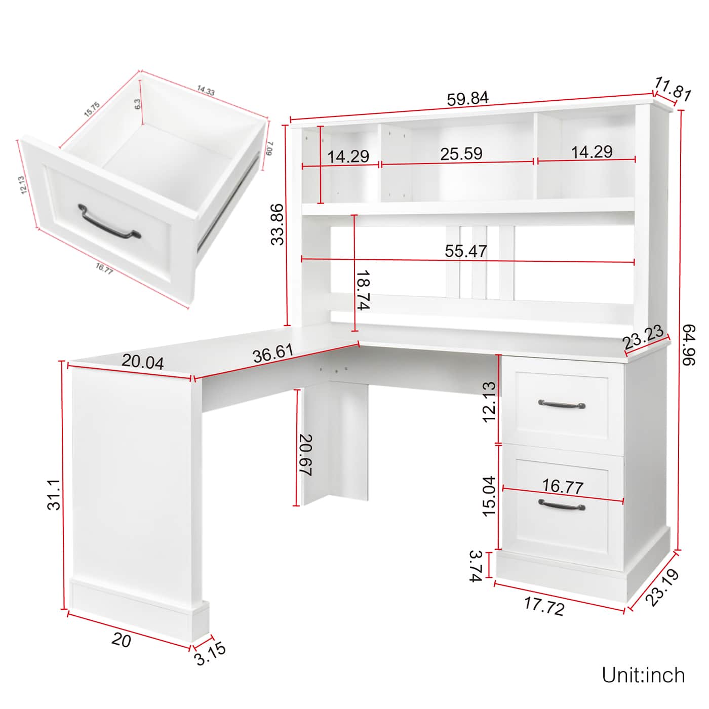 L Shaped Desk 60 Inch Office Desk, L-Shaped Corner Computer Desk with ...