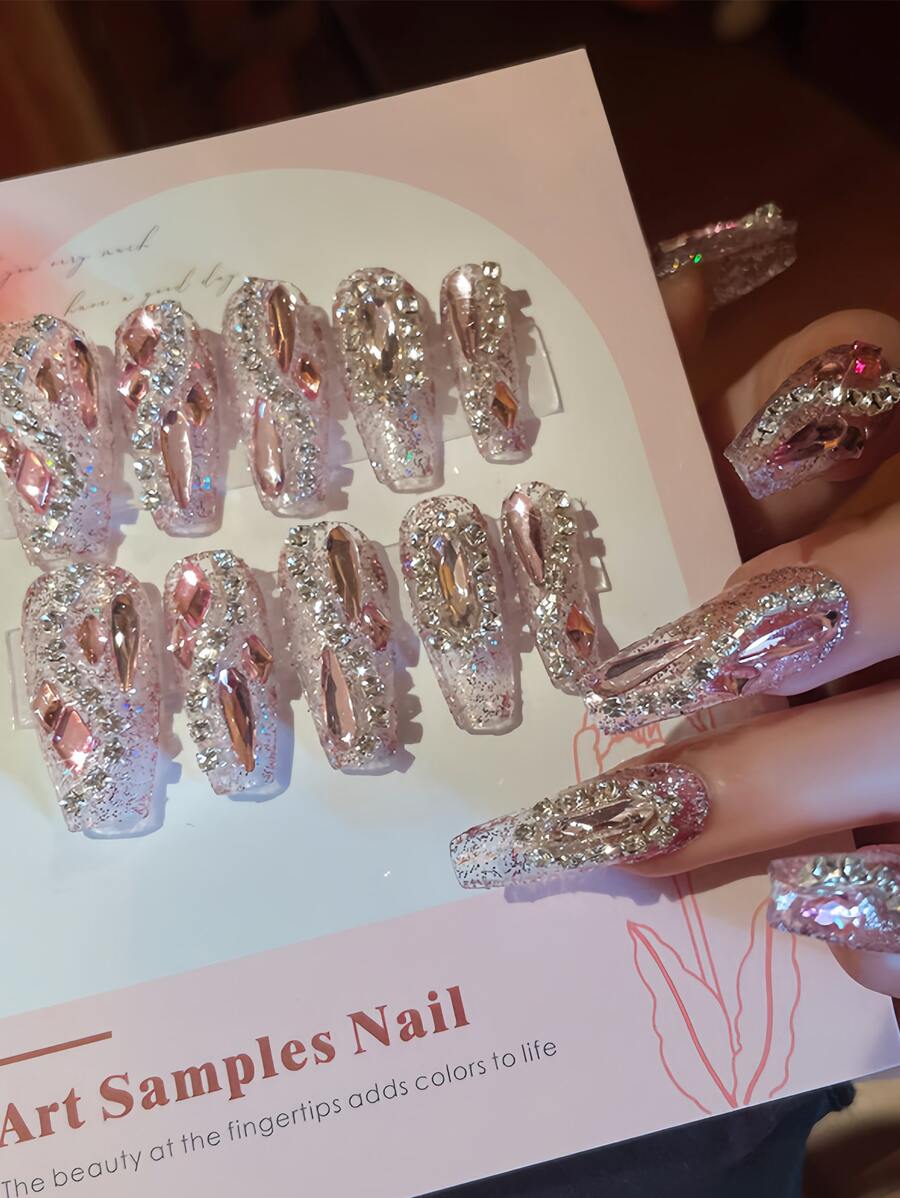 24pcs Y2K Aesthetic Sparkling Full Rhinestone Ballet Nails Glitter ...