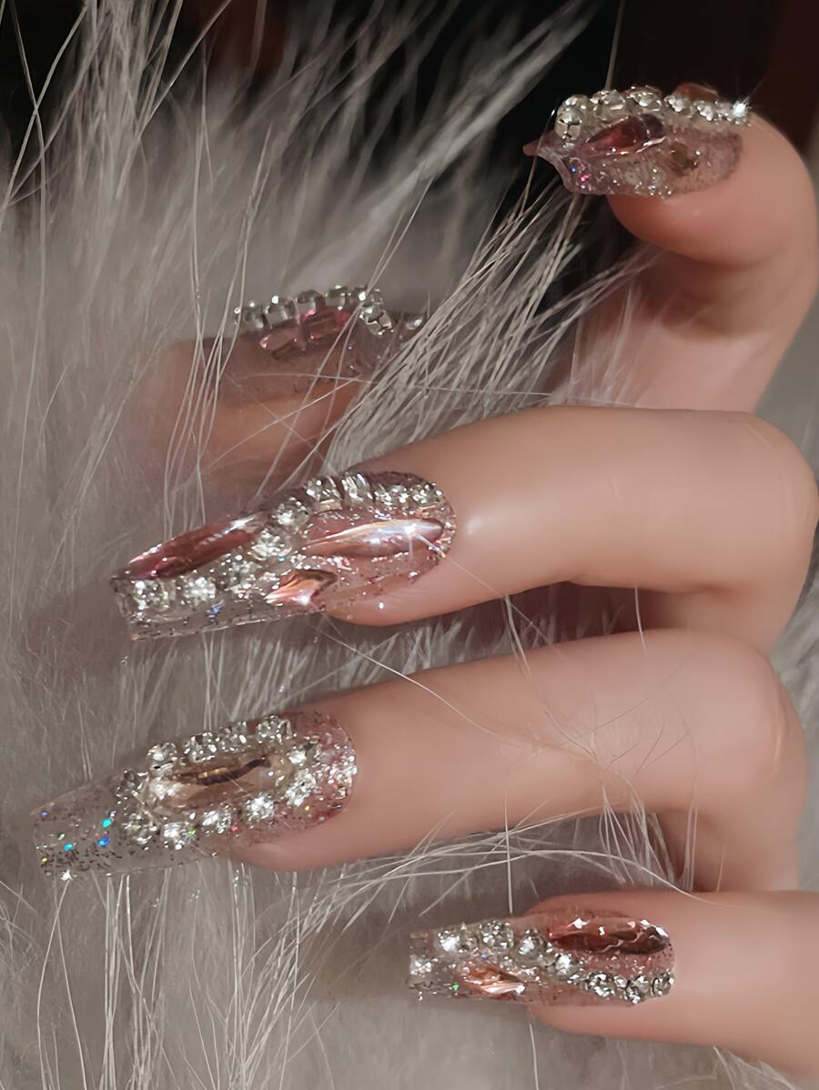 24pcs Y2K Aesthetic Sparkling Full Rhinestone Ballet Nails Glitter ...