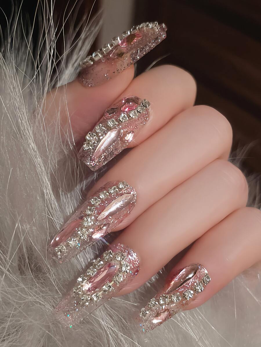 24pcs Y2K Aesthetic Sparkling Full Rhinestone Ballet Nails Glitter ...