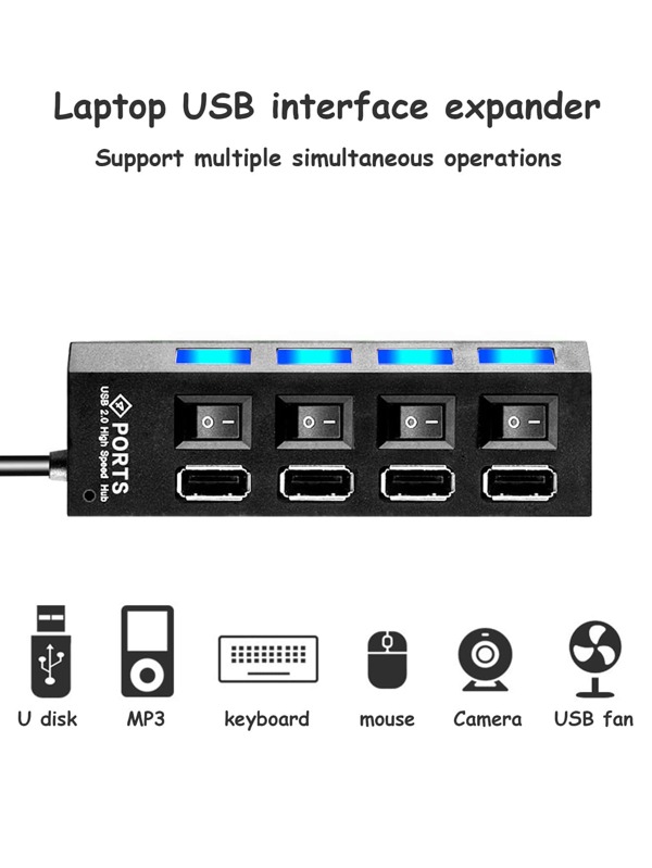 1 pieza 4 puertos Divisor de concentrador USB LED con interruptor individual Concentrador de ...