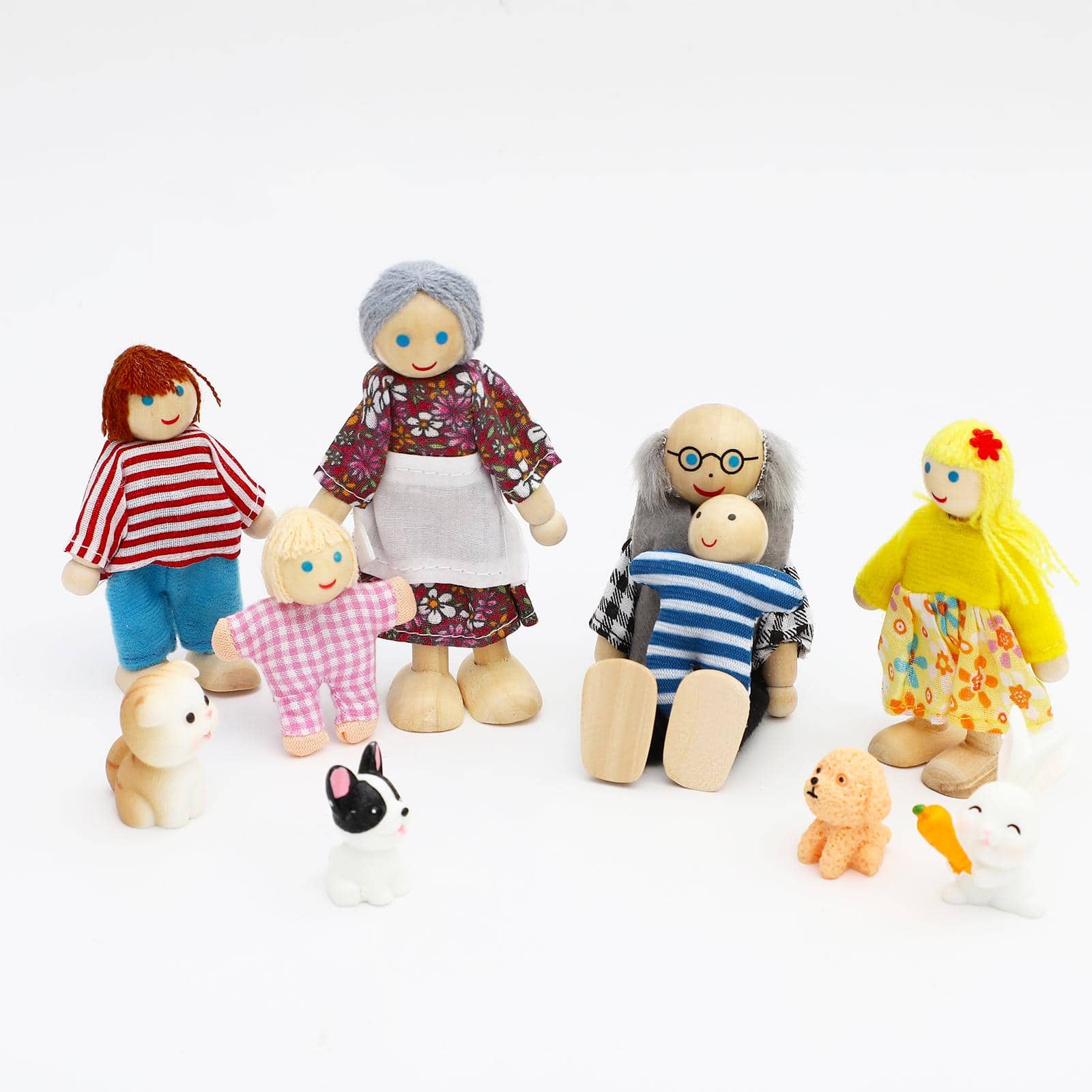 15 Pieces Wooden Dollhouse Family Set Mini People Figures Dog Cat Sets ...