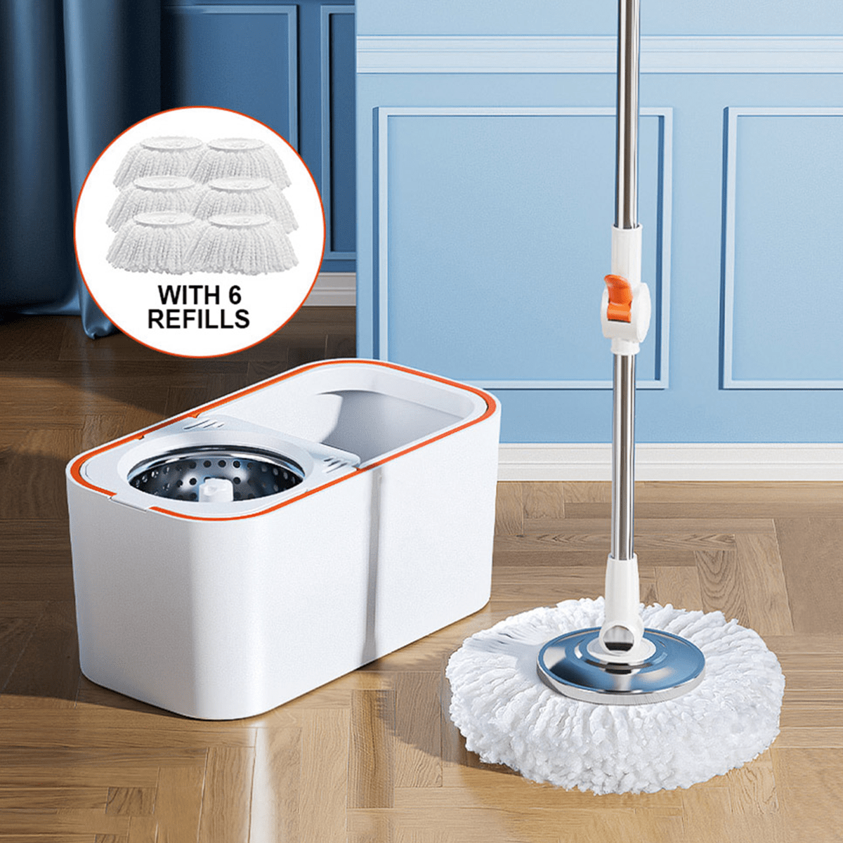 Spin Mop System Plus 6 Refill Head,Spin Mop and Bucket with Wringer Set ...