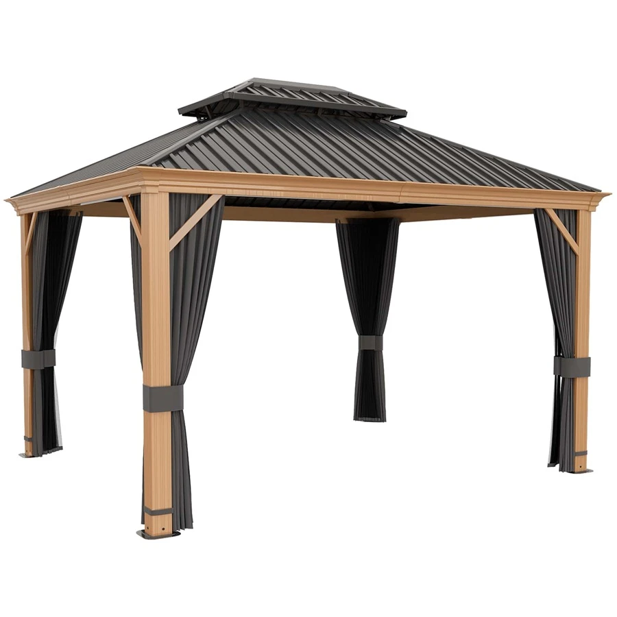 HAPPATIO 10' x 12' Hardtop Gazebo, Outdoor Wood Grain Frame Aluminum ...