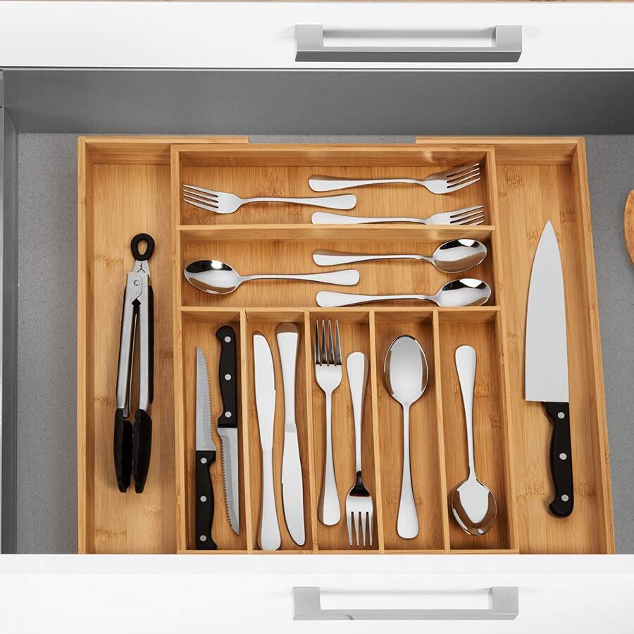 2 PACK - Premium Bamboo Silverware Organizer - Expandable Kitchen ...