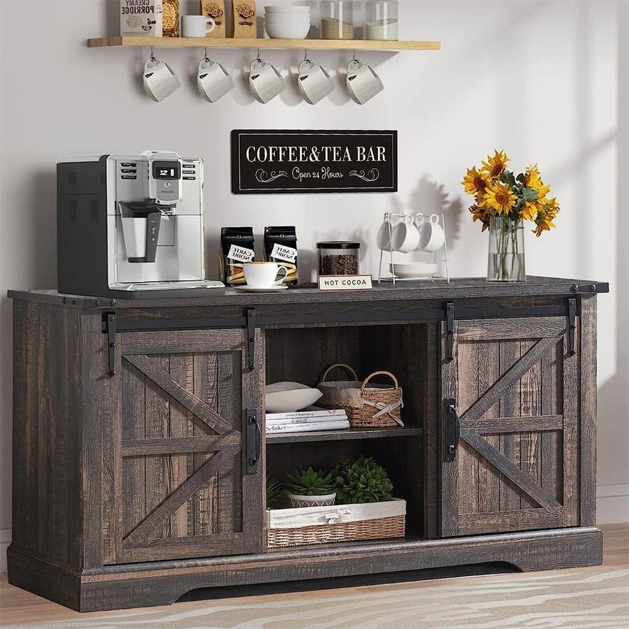 OKD Farmhouse Coffee Bar Cabinet, 58 Inch Buffet Sideboard Cabinet w/Sliding Barn Door ...