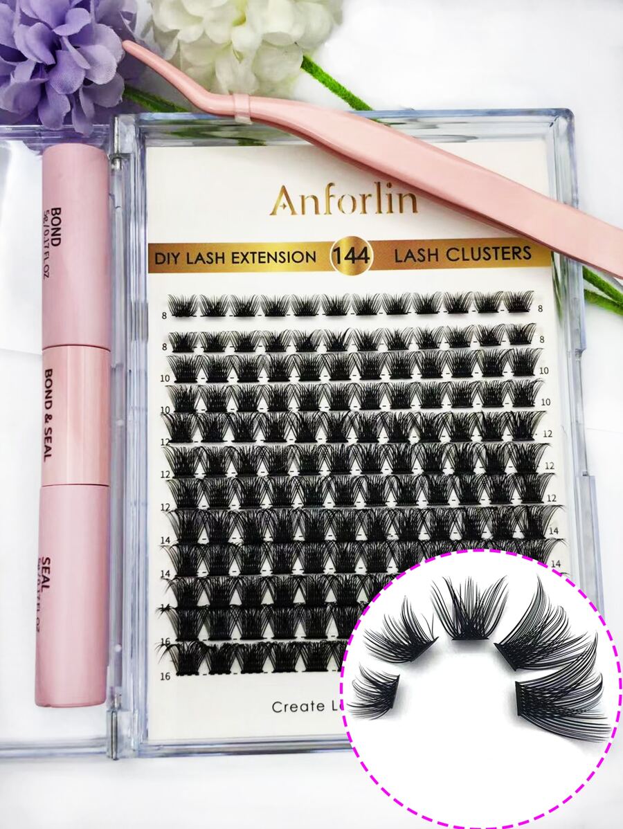 144Pcs Diyd Curved Thick Separated Sectional False Eyelashes + 2N1 Dual ...