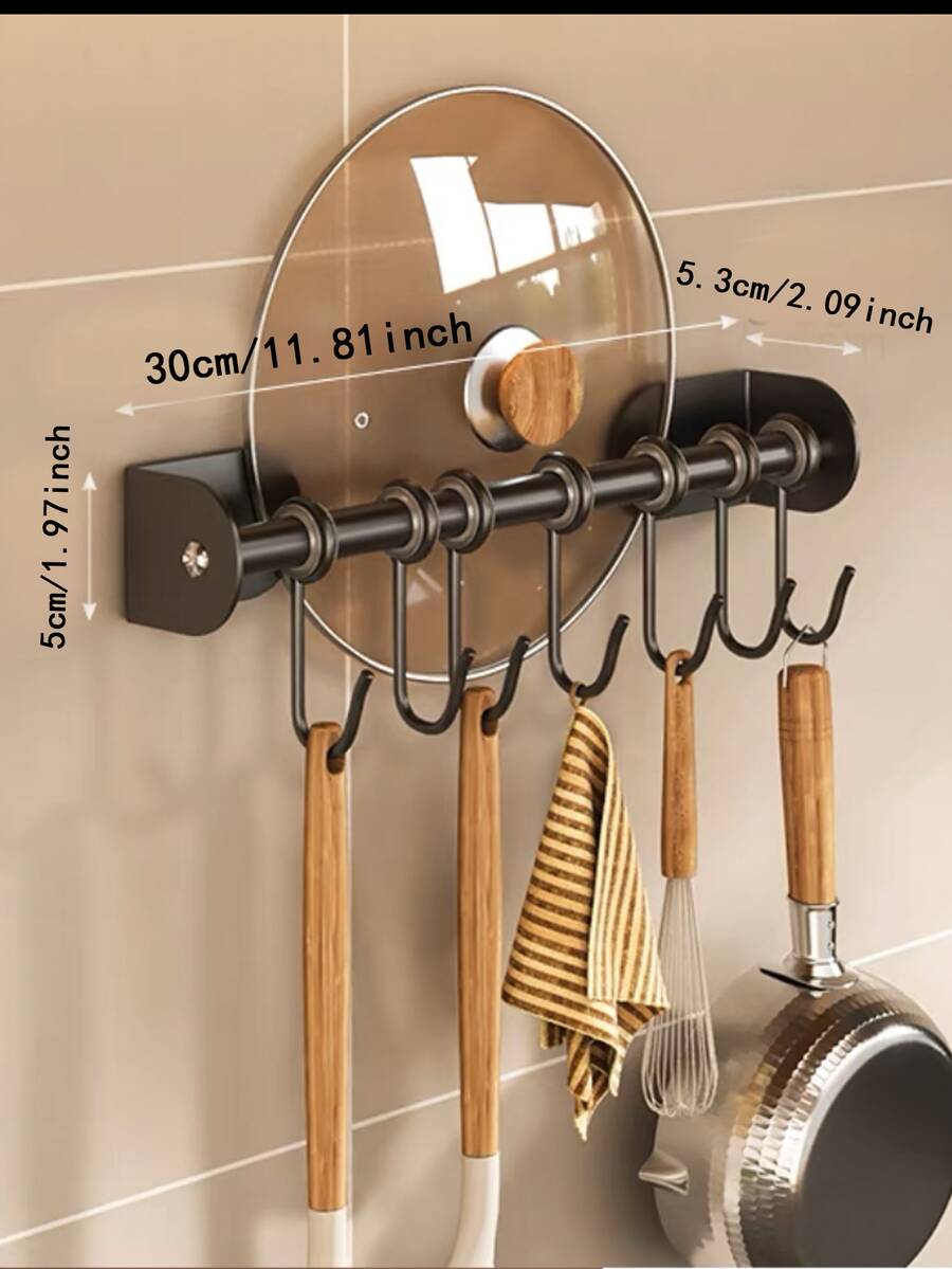 Black Kitchen Single Rod Wall Mount Rack With Hooks For Multi ...