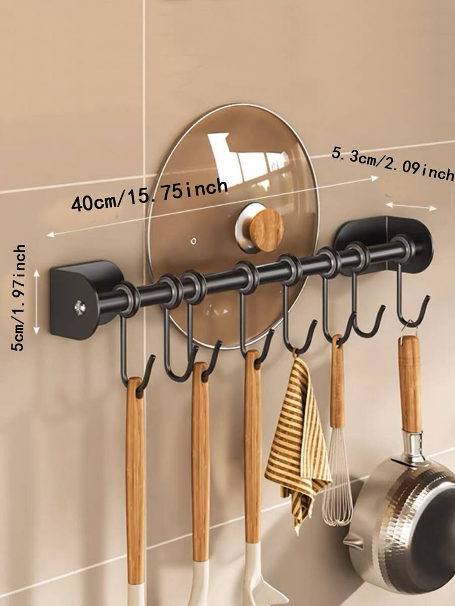 Black Kitchen Single Rod Wall Mount Rack With Hooks For Multi ...