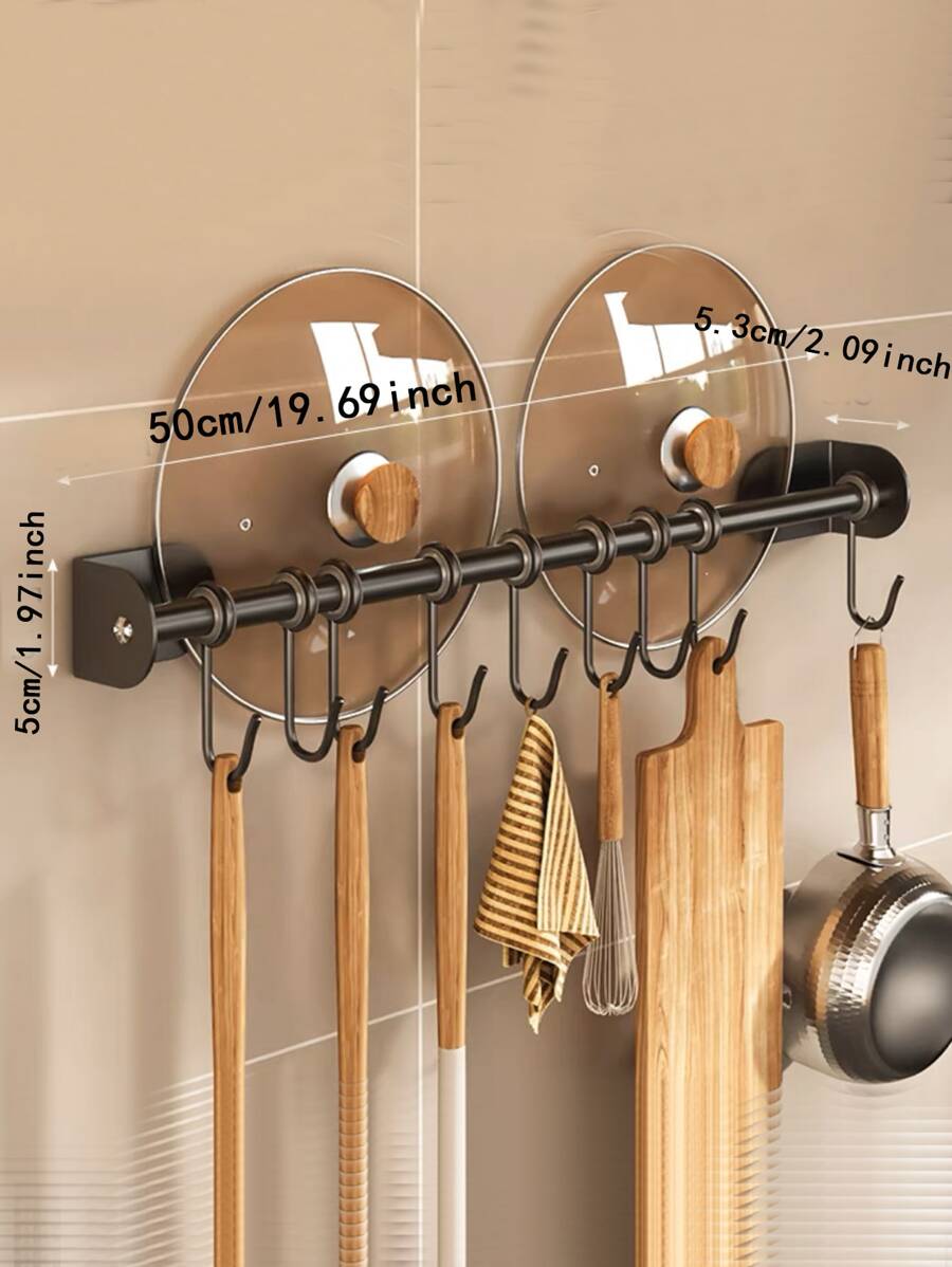 Black Kitchen Single Rod Wall Mount Rack With Hooks For Multi ...