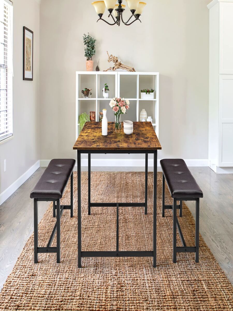 Dining Table Set for 4 with Upholstered Benches, Space-Saving 3 Piece ...