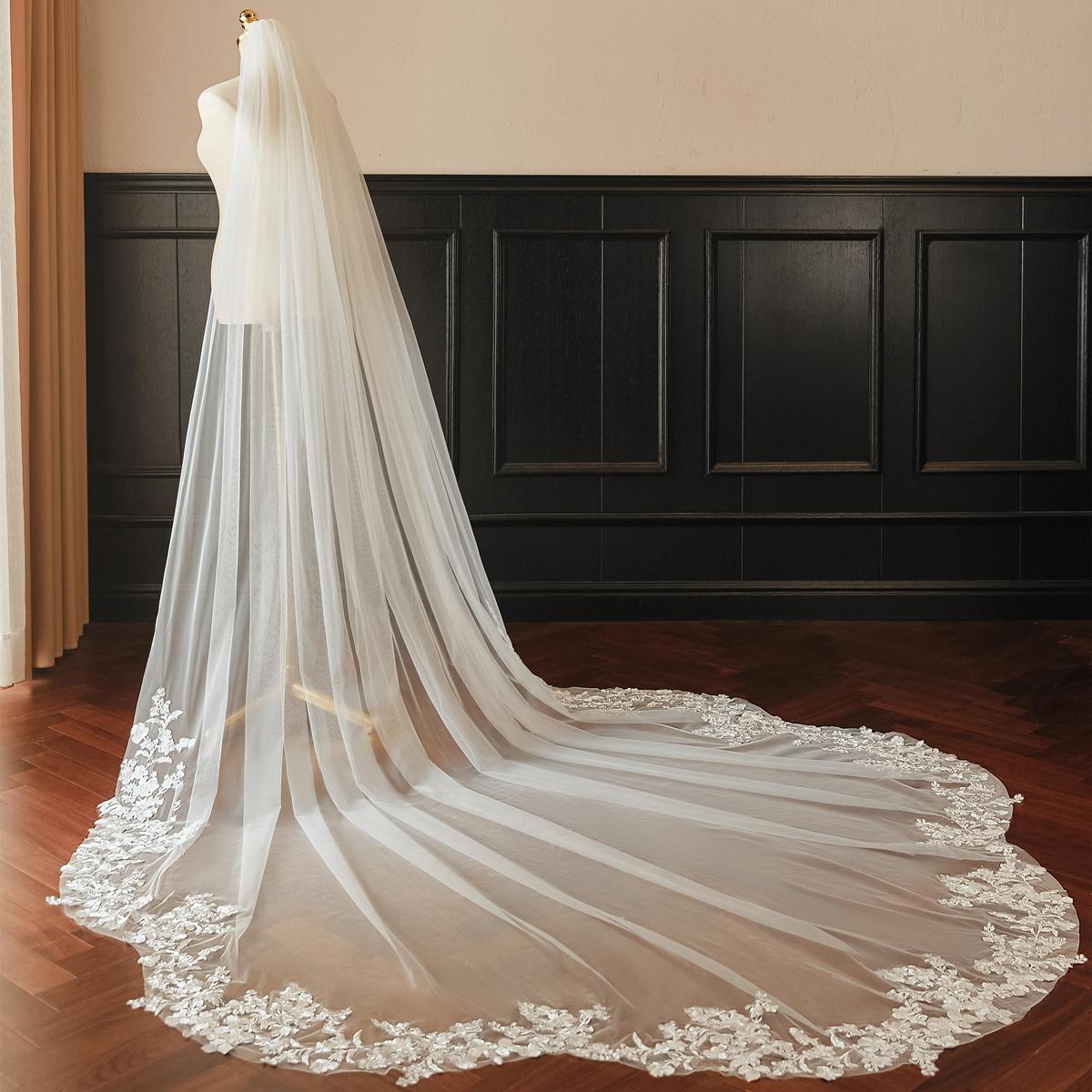 Ivory Long Lace Soft Tulle Bridal Veils with Metal Comb | SHEIN USA
