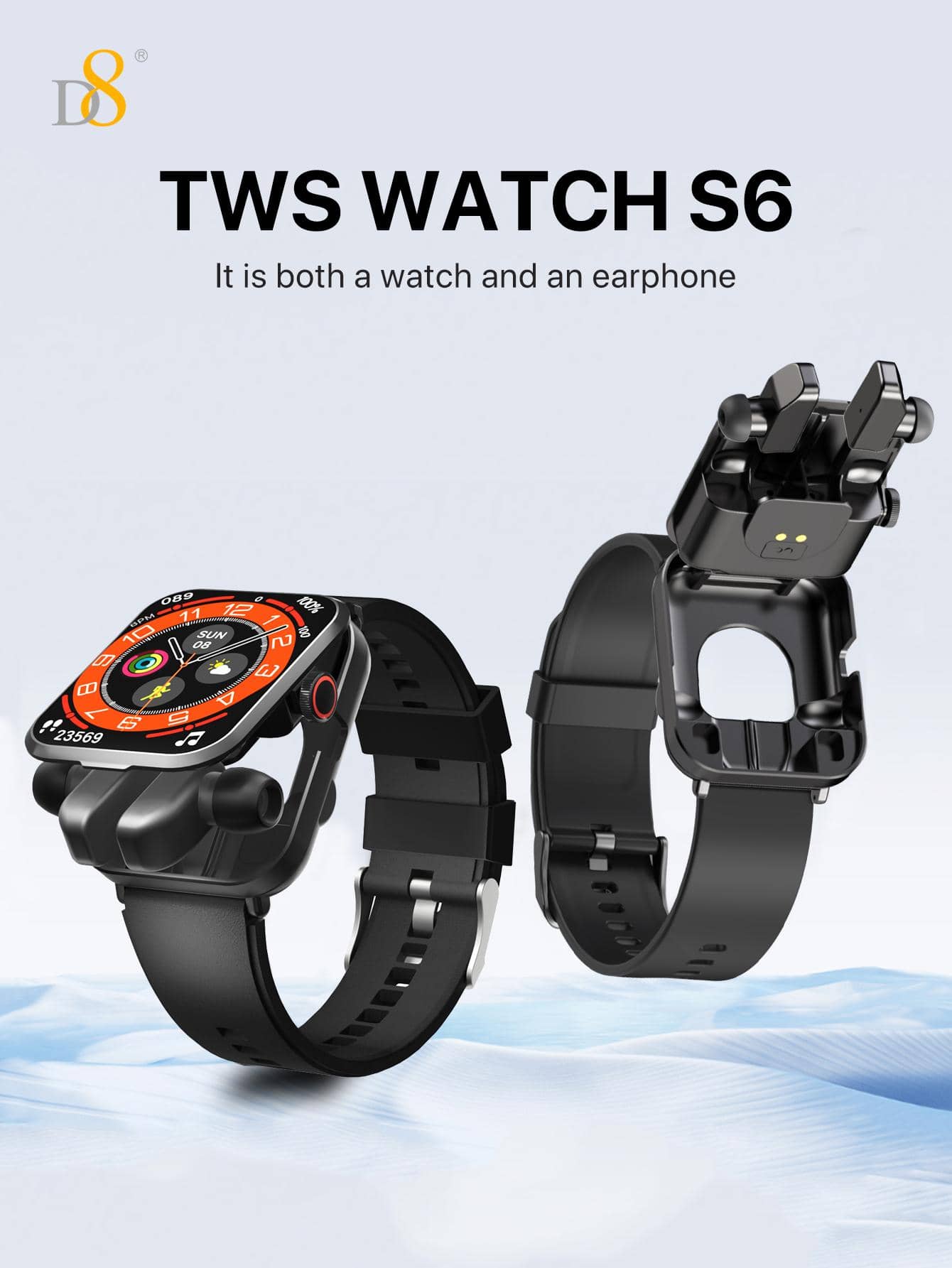 D8 D8 Smart Watch With Earbuds ,For IOS/Android Phones Fitness Tracker With 100+ Sports ...