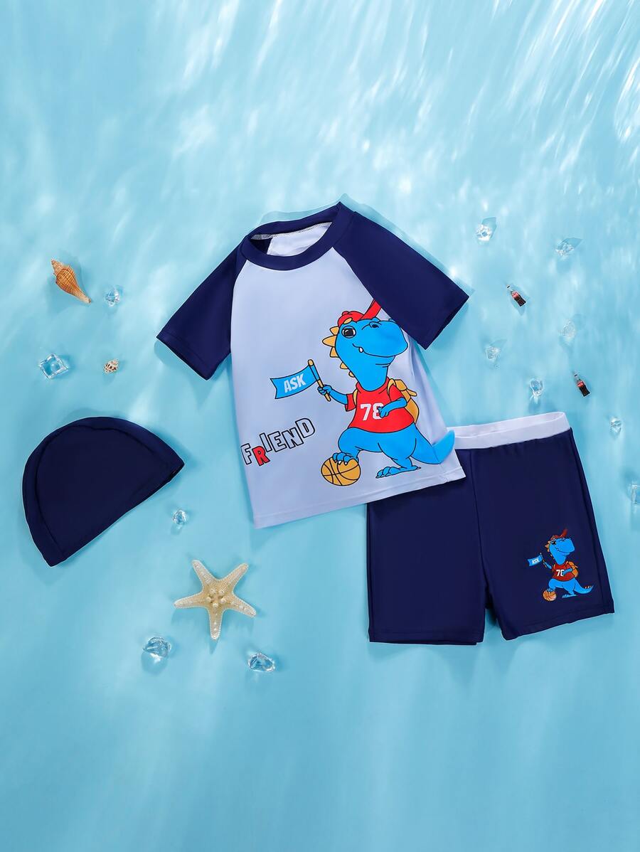 2Pcs/Set Tween Boys' Printed Rash Guard Swimsuit With Swim Cap | SHEIN USA