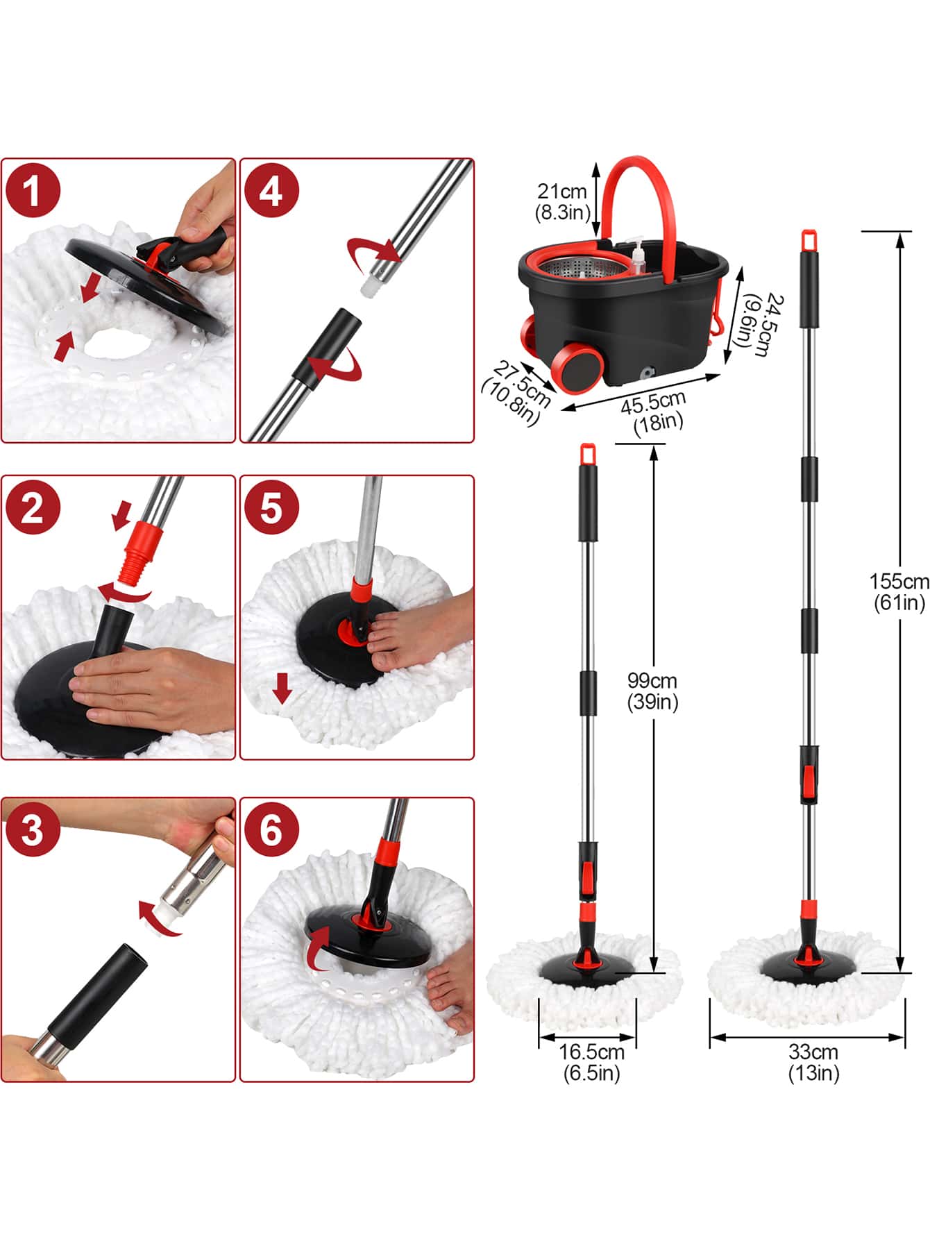 Mop and Bucket Set, 360° Spin Mop and Bucket with Wringer Set on Wheels ...