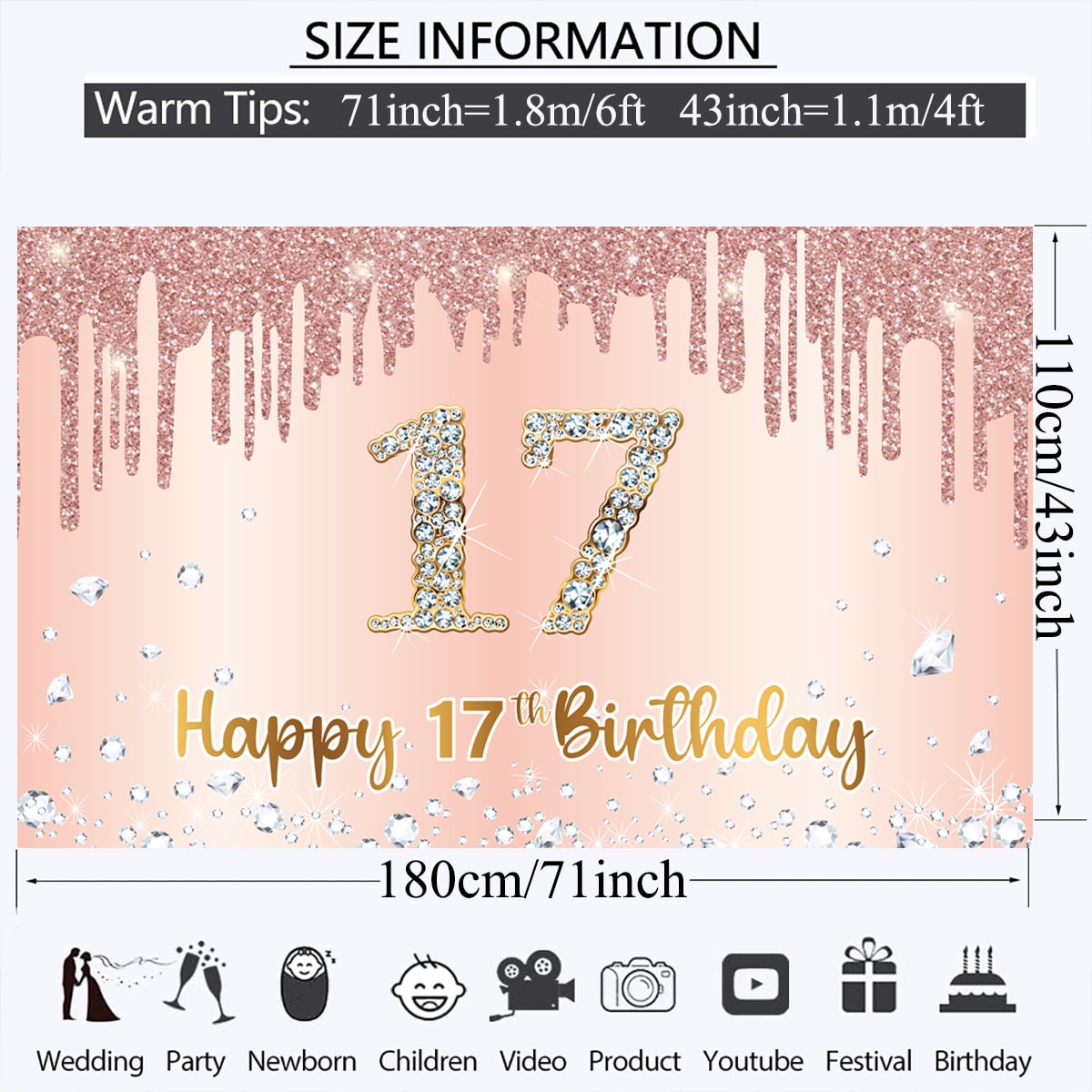Happy 17th Birthday Banner Backdrop Decorations for Girls | SHEIN UK