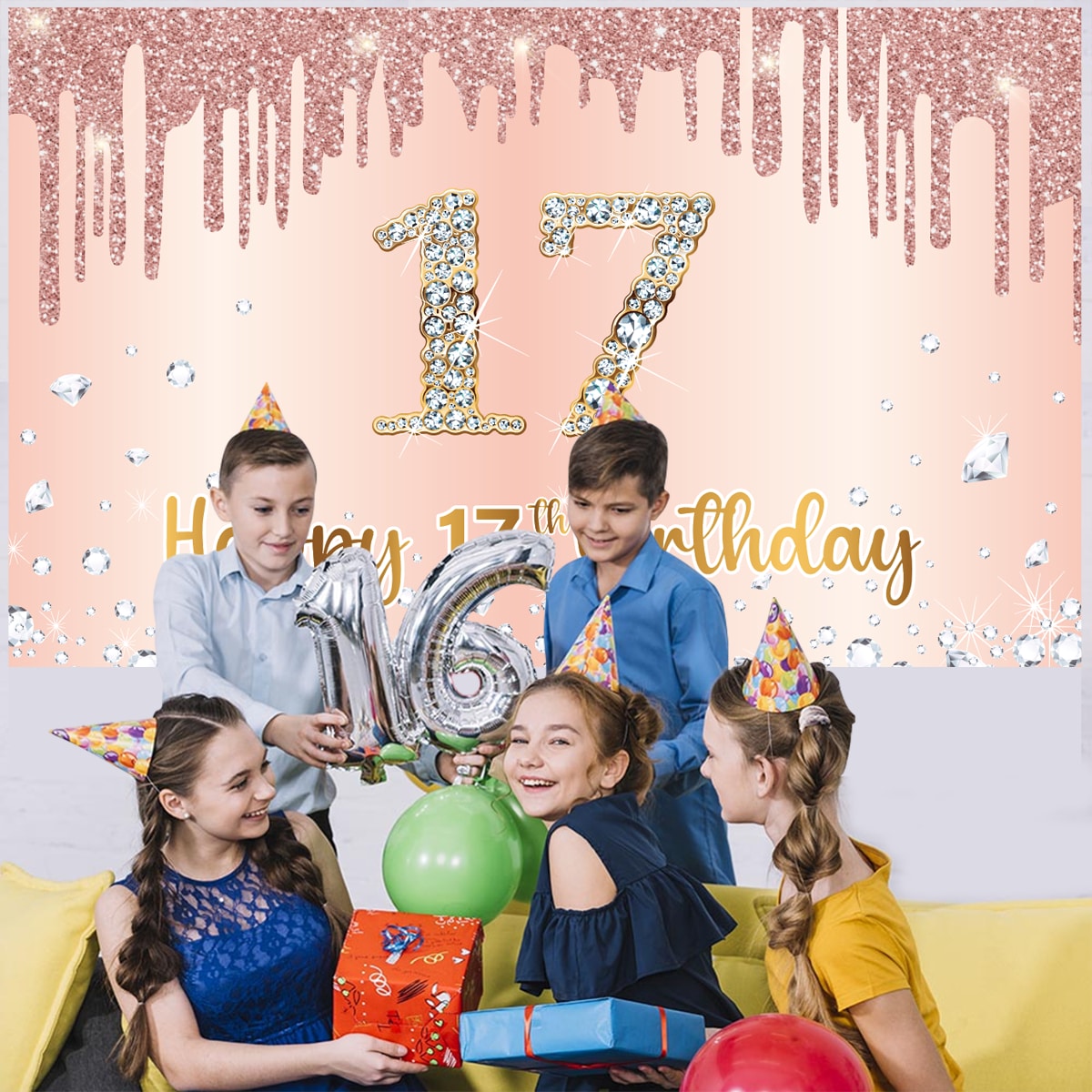 Happy 17th Birthday Banner Backdrop Decorations for Girls | SHEIN UK