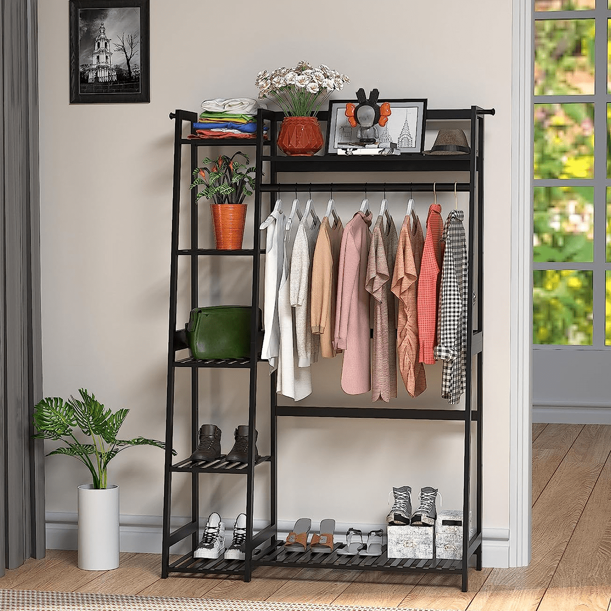 Clothes Rack,Bamboo Garment Rack with Shelves,Clothing Rack for Hanging ...