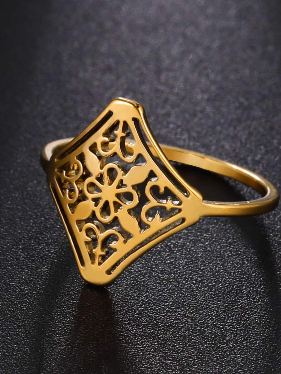1pc Women's Stainless Steel Rhombus & Hollow-Out Flower & Vintage ...