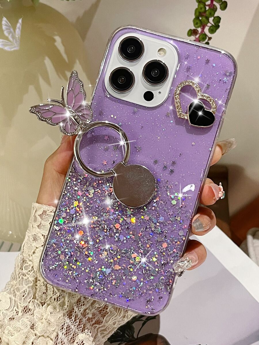 Valentines Sequins Butterfly Decor Phone Case With Ring Holder | SHEIN USA