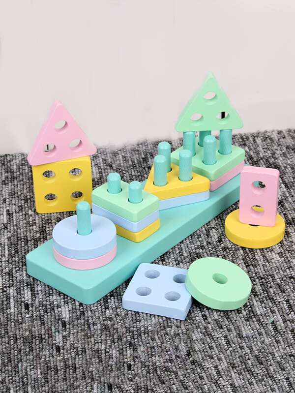 Wooden Geometric Building Block Puzzle Match Toy, Color & Shape ...