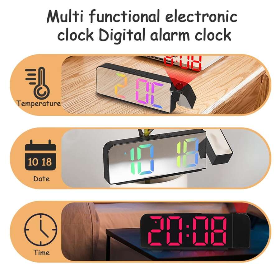 180° Rotation Projection Alarm Clock 12/24H LED Digital Clock USB ...