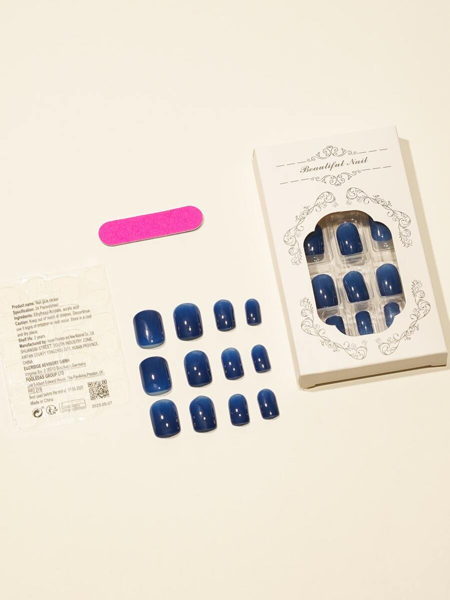 24pcs/Set New Arrival Short Square Shape Simple Solid Color Dark Blue ...