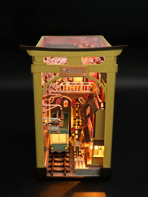 Bookshelf Dollhouse Set With Miniature Sakura Tram Model, Diy Toy House ...