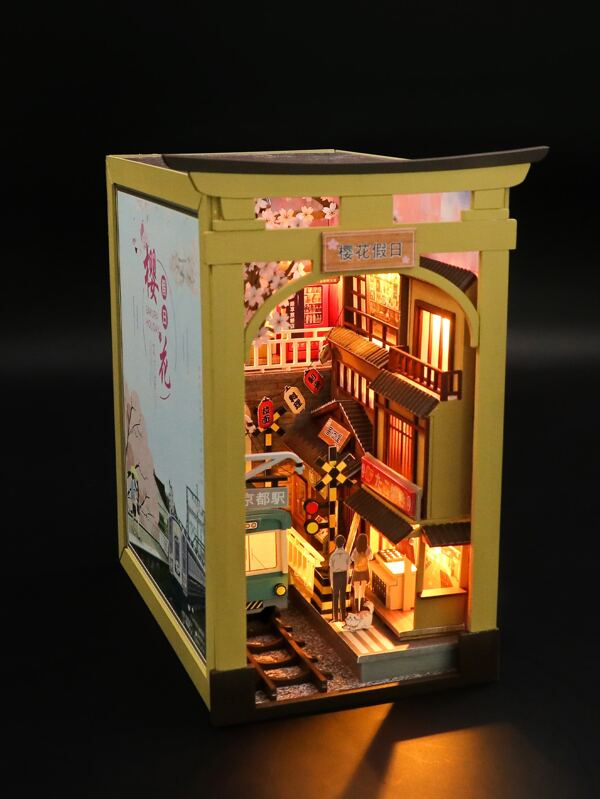 Bookshelf Dollhouse Set With Miniature Sakura Tram Model, Diy Toy House ...
