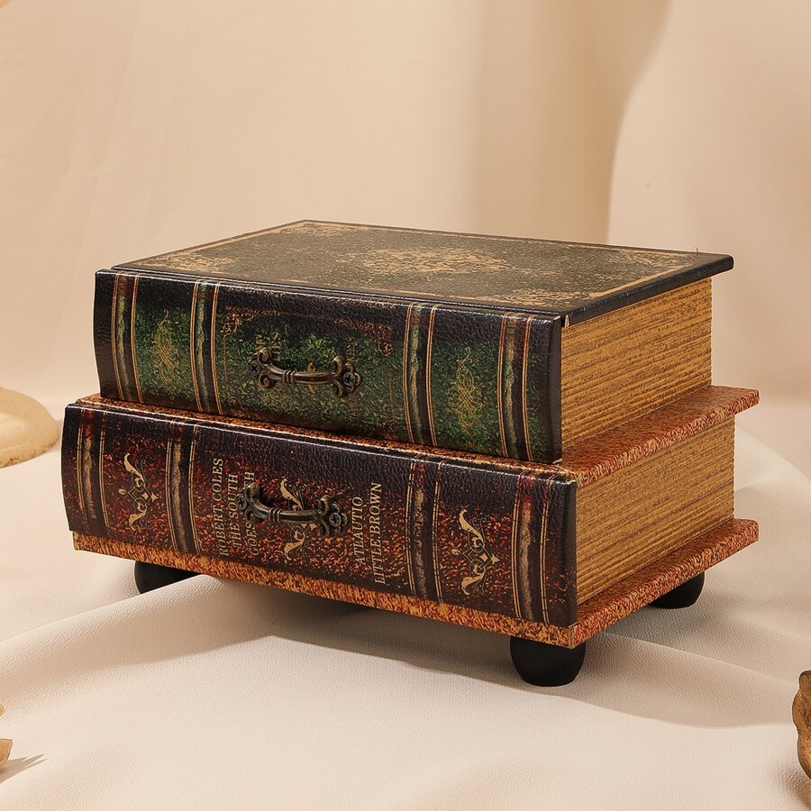 1pc Double-Layer Book Shaped Jewelry Box, PU & Wood Material, Drawer ...