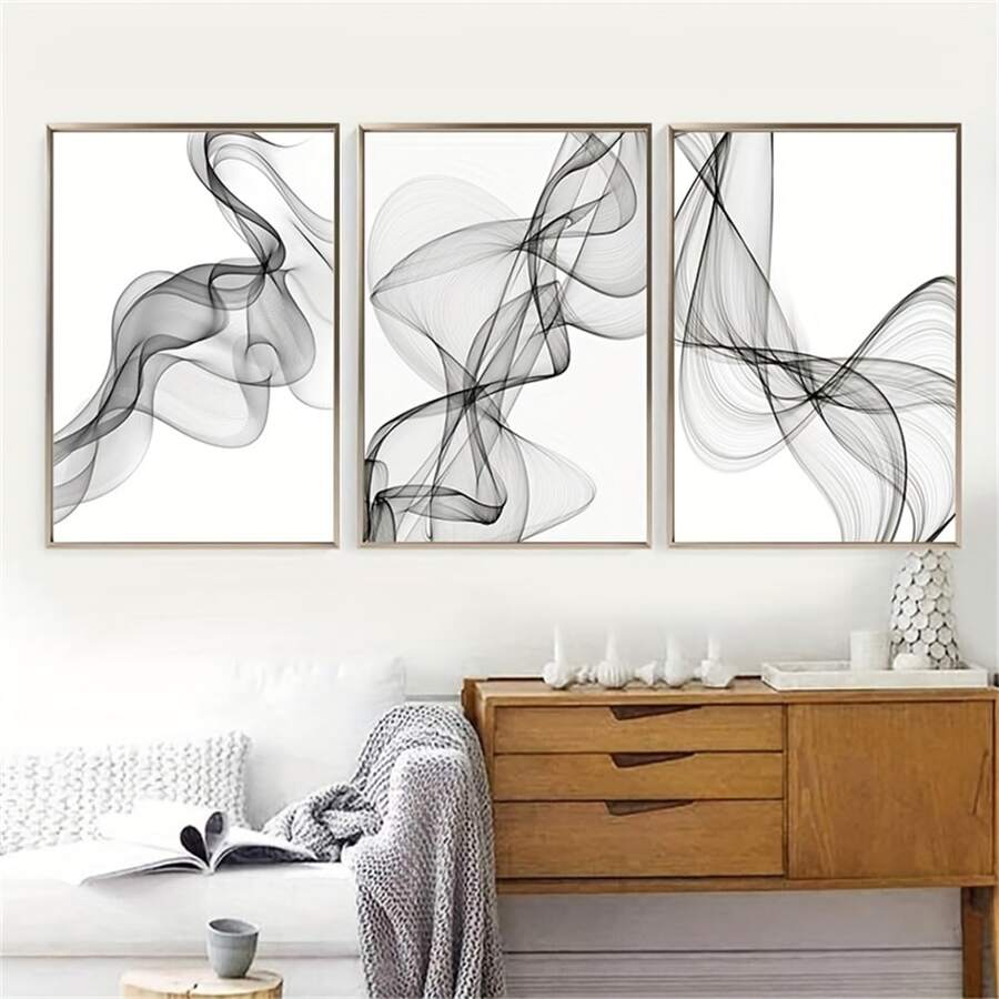 3Pcs Frameless Minimalist Black White Abstract Wavy Lines Poster Canvas ...