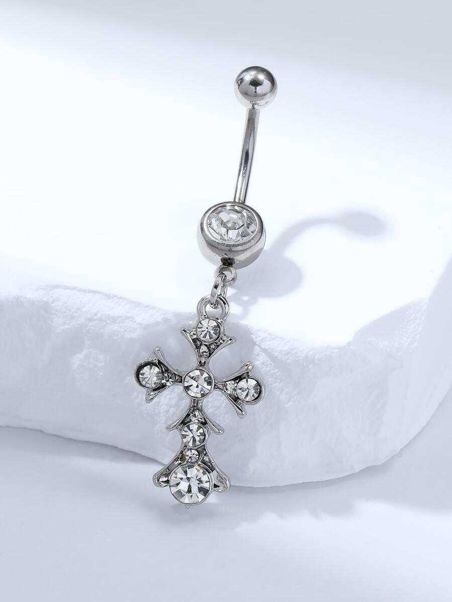 1pc Silver Casual & Fashionable Cross Design Belly Button Ring Set With ...