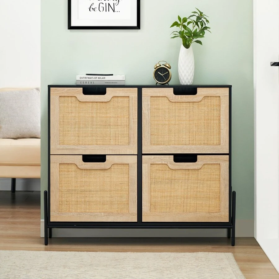 Shoe Cabinet Natural Rattan 4 Flip Door Shoe Cabinet Organizer ...