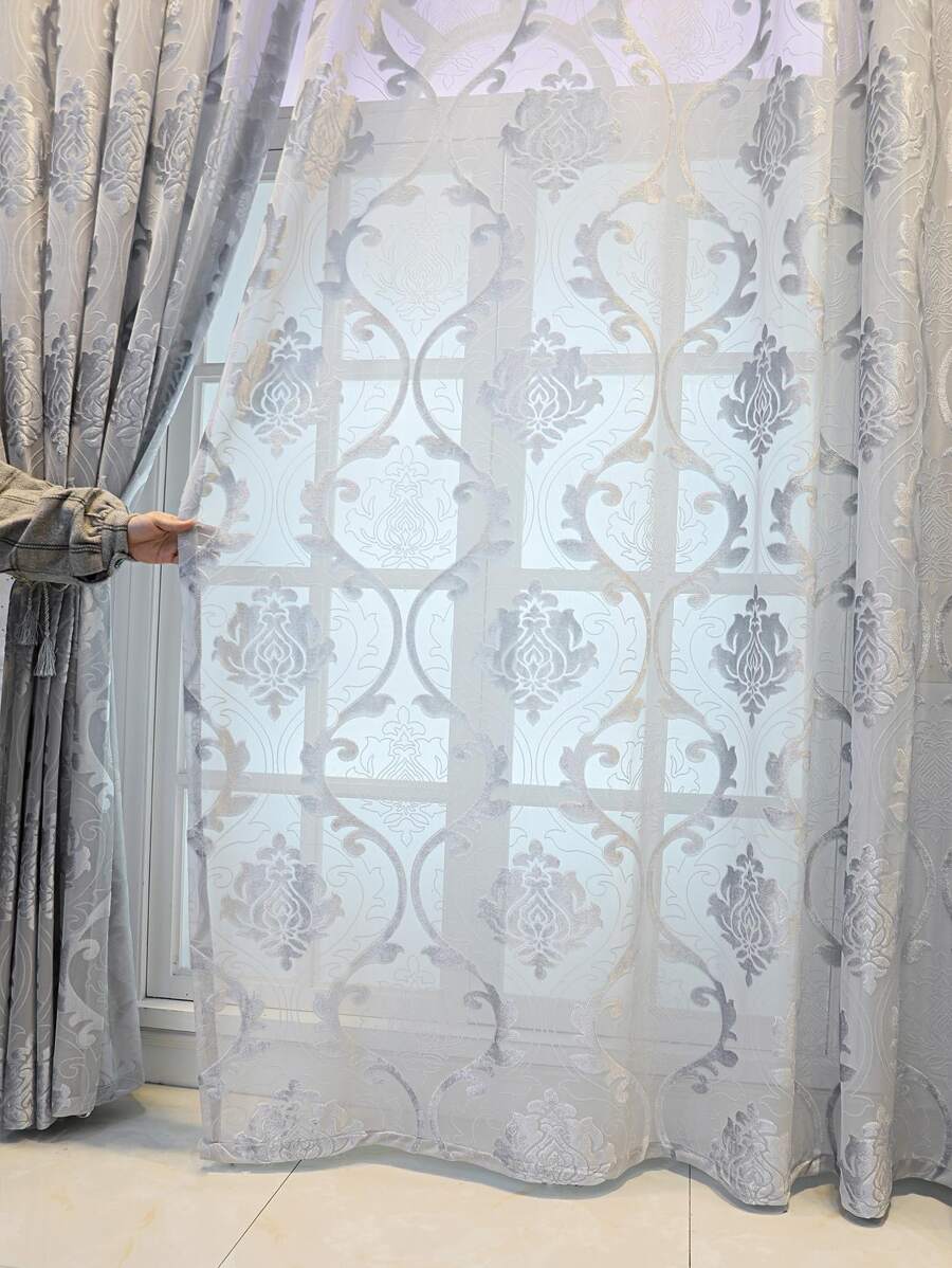 1pc Gray European Style Floral Sheer Curtain | SHEIN USA