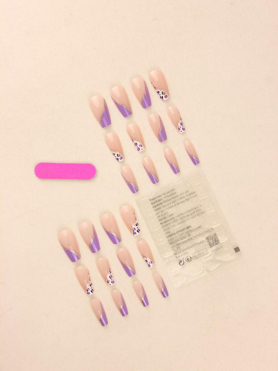 24pcs Short Coffin Shaped Press-On Nails In Purple French Manicure With ...