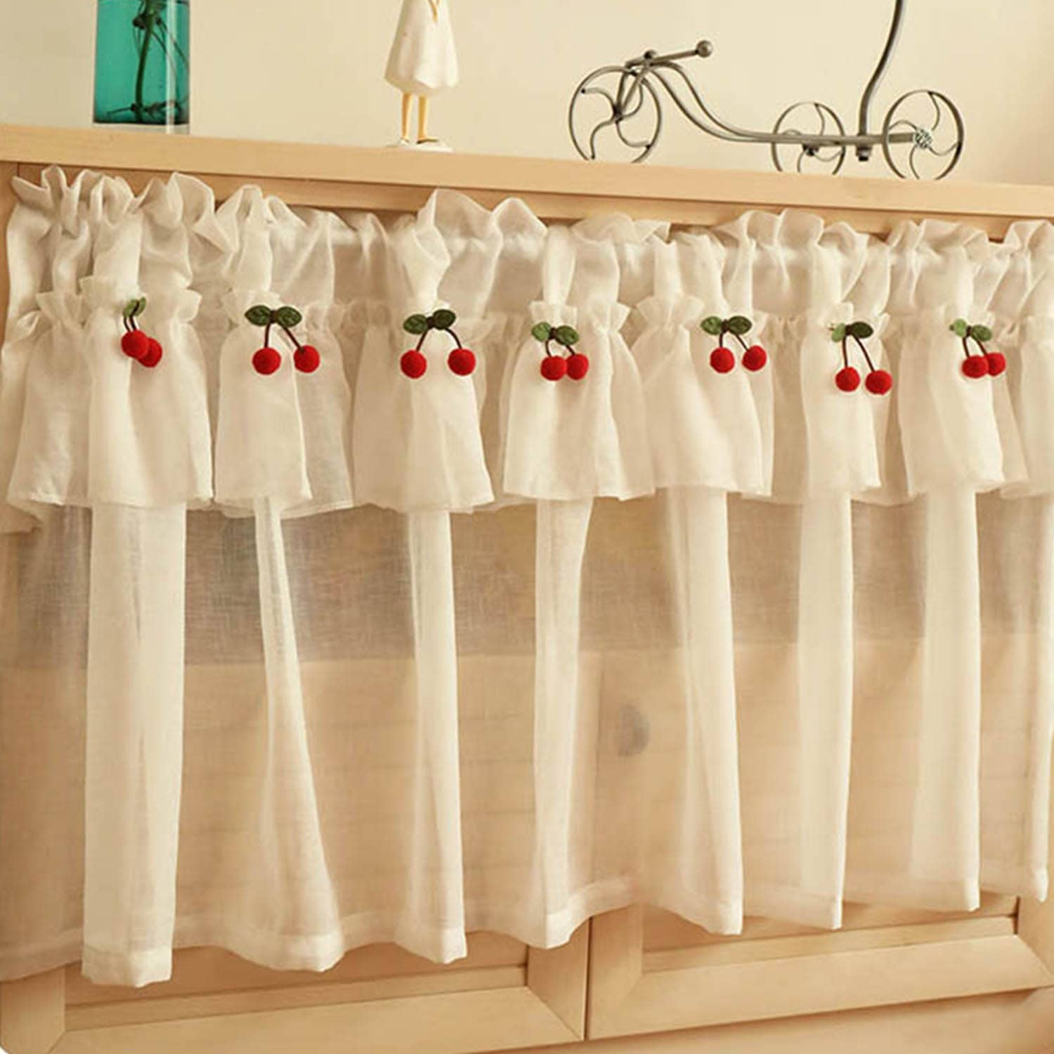 White Lace & Cherry Blossom Voile Curtain, No Drill Cabinet & Kitchen ...